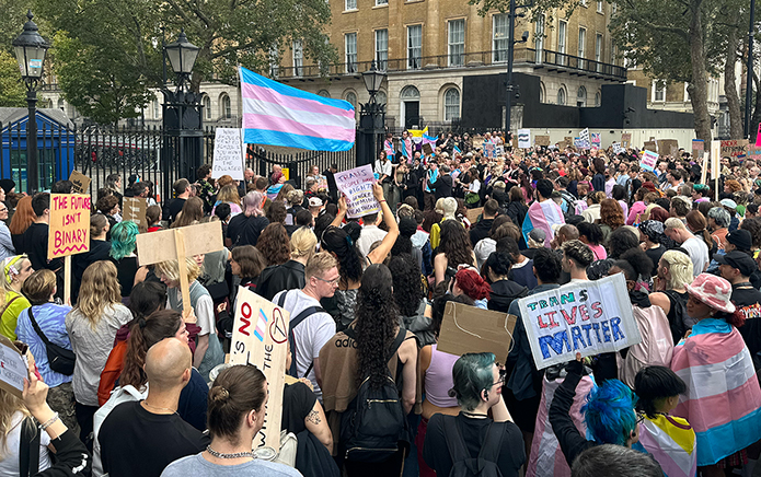 Hundreds protest Rishi Sunak’s anti-trans comments outside Downing Street